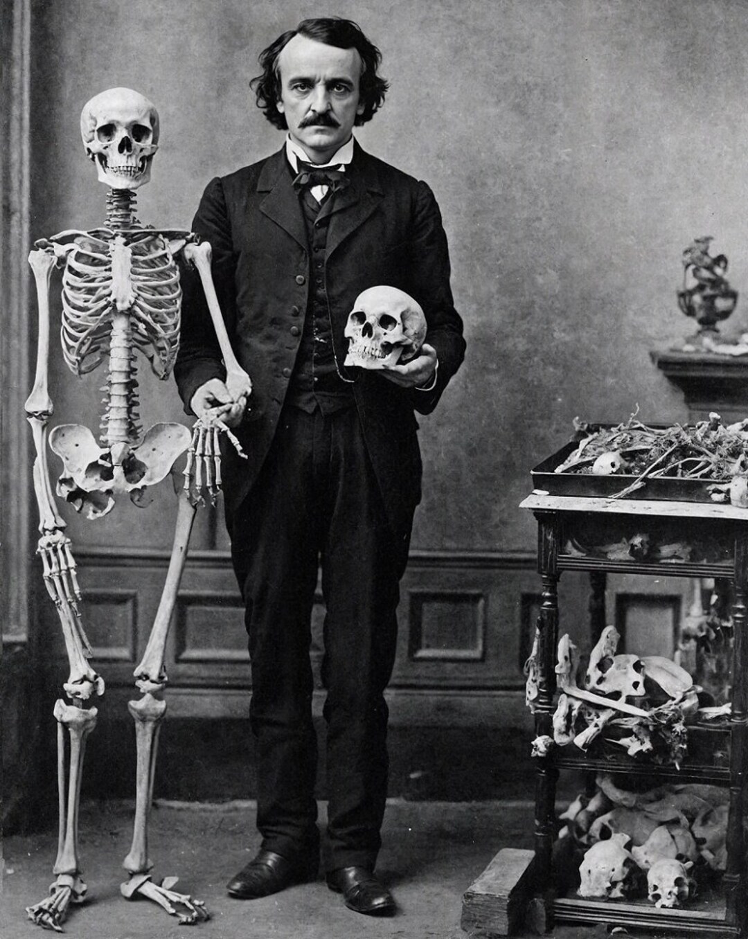 Edgar Allan Poe, Skeleton, Skull, Goth, Gothic Art, Dark Art, Victorian, Edgar Allan Poe With ...