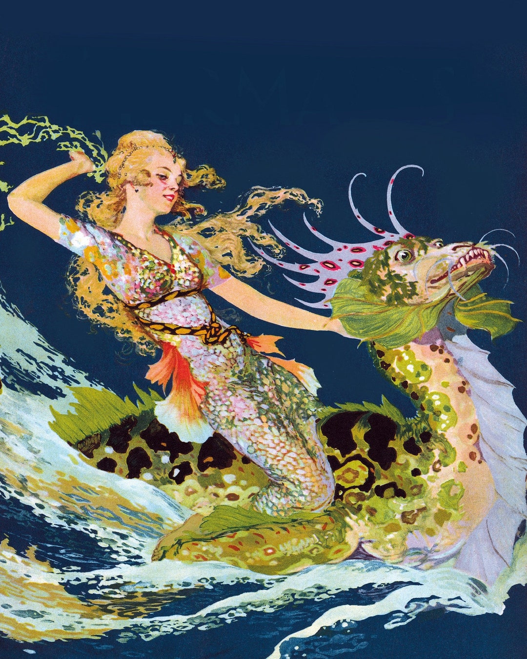 Mermaid Riding Sea Serpent Illustration, Mermaid, Art Nouveau, Ocean ...