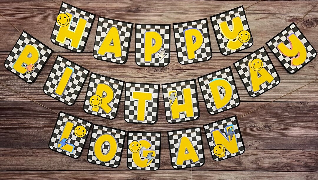 Smiley Face Checkered Happy Birthday Banner | Smiley Face Birthday ...