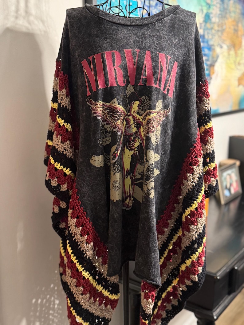 Upcycled Nirvana Crochet Poncho | One-of-a-kind Band Tee Layer ...