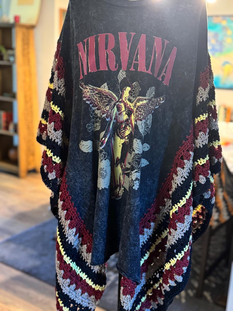 Upcycled Nirvana Crochet Poncho | One-of-a-kind Band Tee Layer ...
