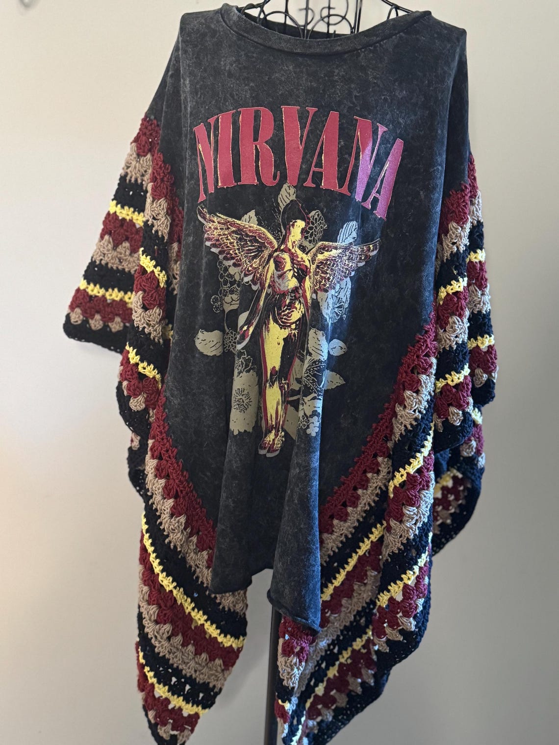 Upcycled Nirvana Crochet Poncho | One-of-a-kind Band Tee Layer ...