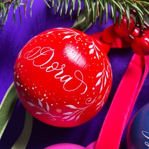 Hand Painted Personalised Name Baubles With Calligraphy and Leaf ...