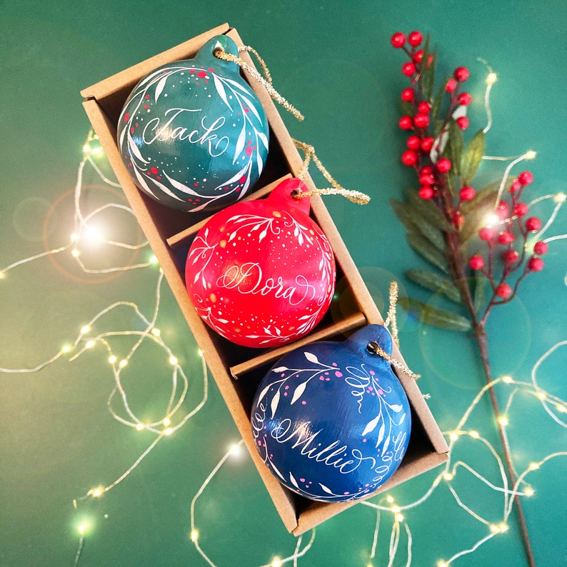 Hand Painted Personalised Name Baubles With Calligraphy and Leaf ...