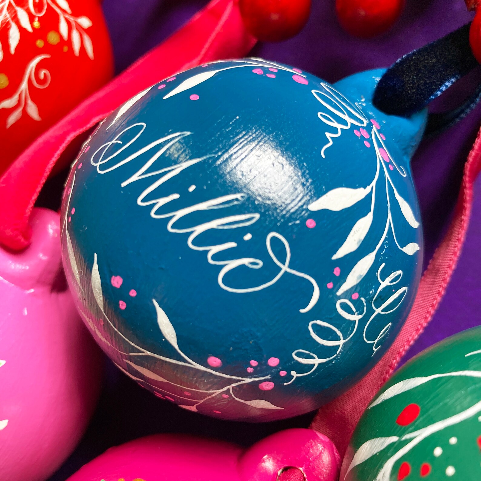Hand Painted Personalised Name Baubles With Calligraphy and Leaf ...