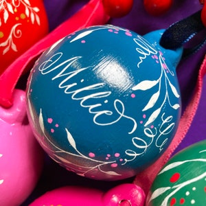 Hand Painted Personalised Name Baubles With Calligraphy and Leaf ...