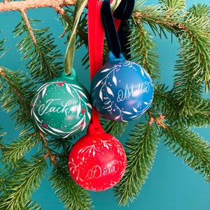 Hand Painted Personalised Name Baubles With Calligraphy and Leaf ...