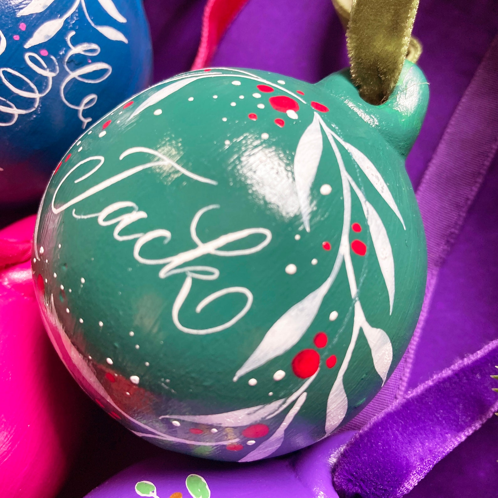 Hand Painted Personalised Name Baubles With Calligraphy and Leaf ...