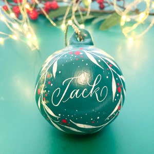 Hand Painted Personalised Name Baubles With Calligraphy and Leaf ...