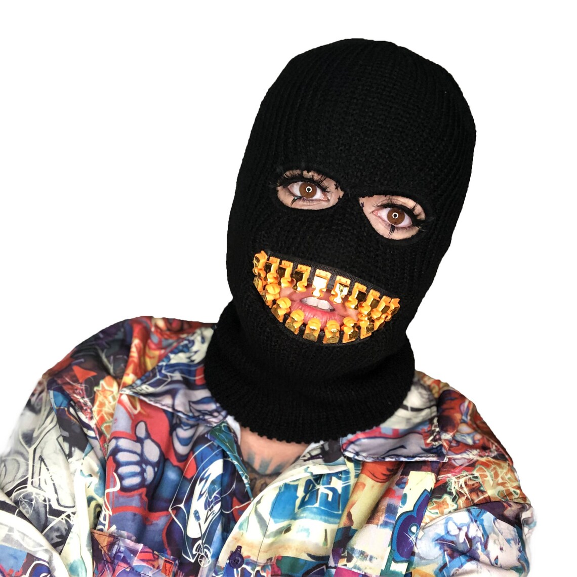 ZEF2DEATH Black Ski Mask With Gold Teeth Zipper Mouth Zefstyle - Etsy