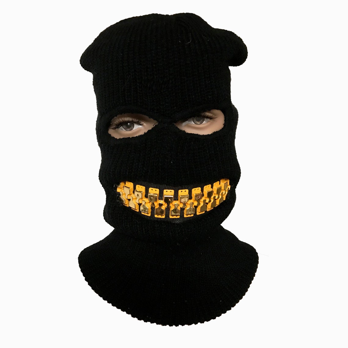 ZEF2DEATH black ski mask with gold teeth zipper mouth zefstyle | Etsy