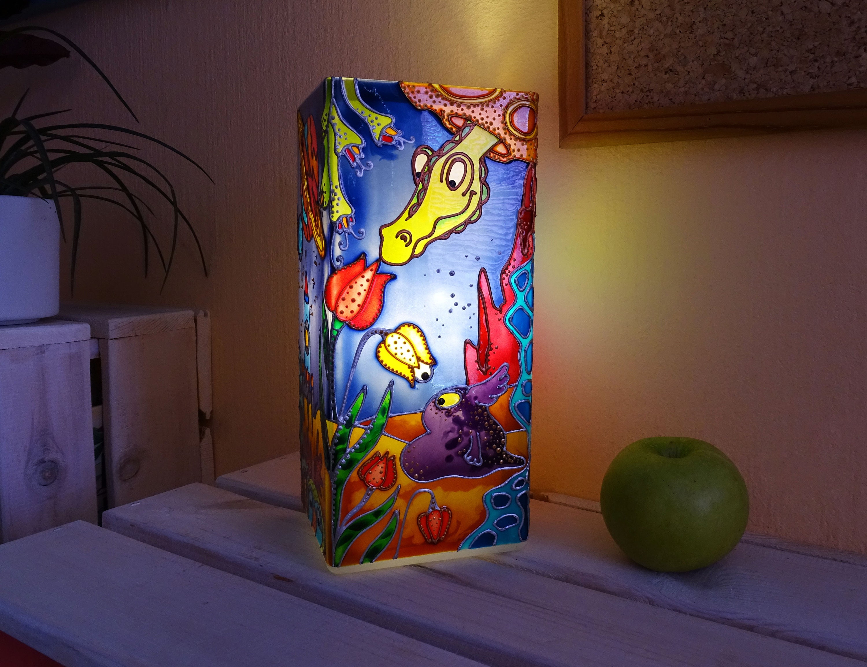 Stained glass lamp Space adventures Hand painted glass art | Etsy