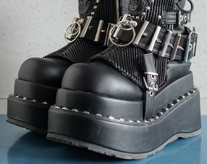 Demonia Vintage Platform Boots Skull Studs Buckles Witch Wednesday ...