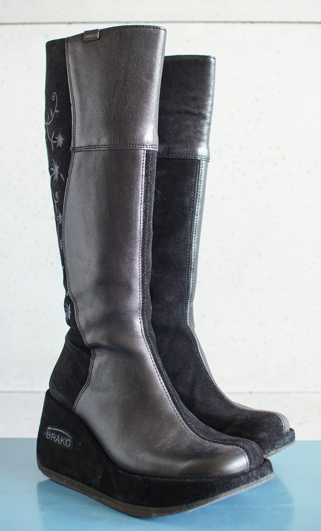 BRAKO Vintage Platform Boots Wedge Black Flowers Witch Wednesday 40 - Etsy