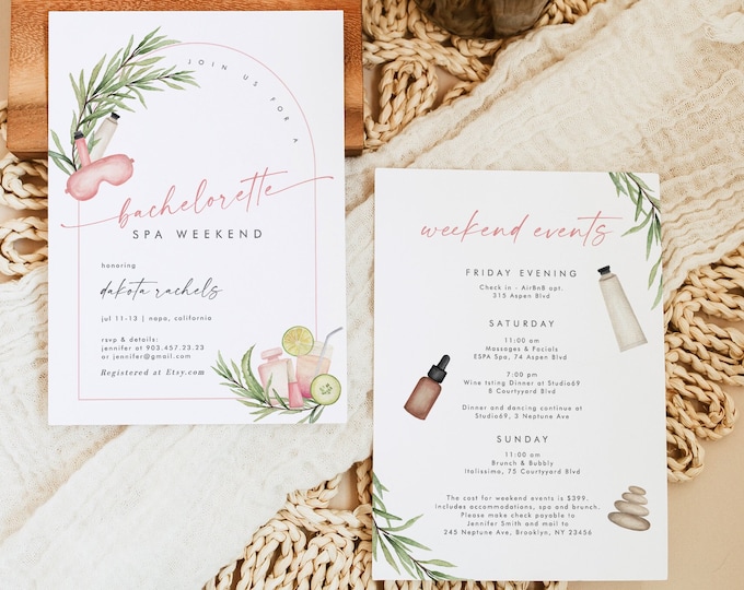 Bachelorette Spa Day Party Invitation With Itinerary Pamper Weekend ...