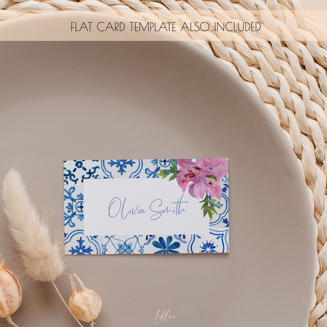 Bougainvillea Blue Tiles Table Place Card Template Azulejo | Etsy