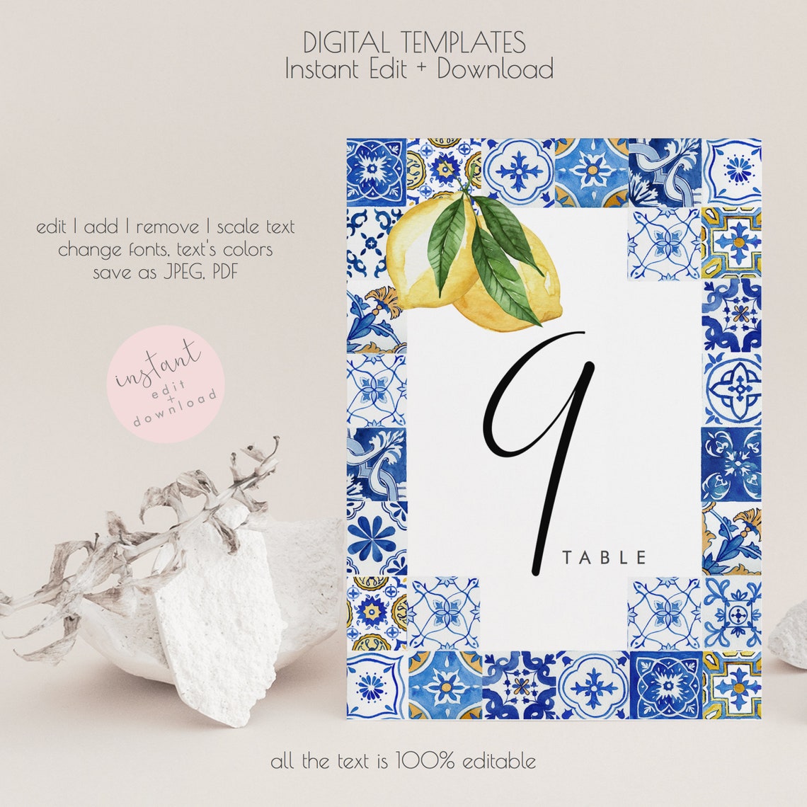 Blue Tiles Lemon Table Number Template Italy Wedding Table | Etsy
