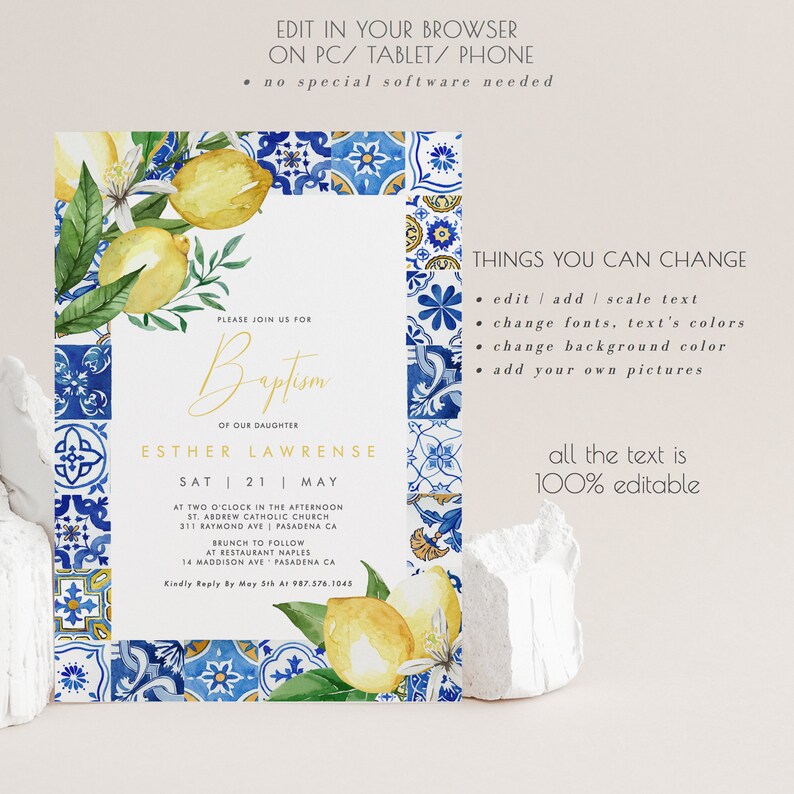 Mediterranean Lemon Baptism Invitation Template Italian Blue - Etsy