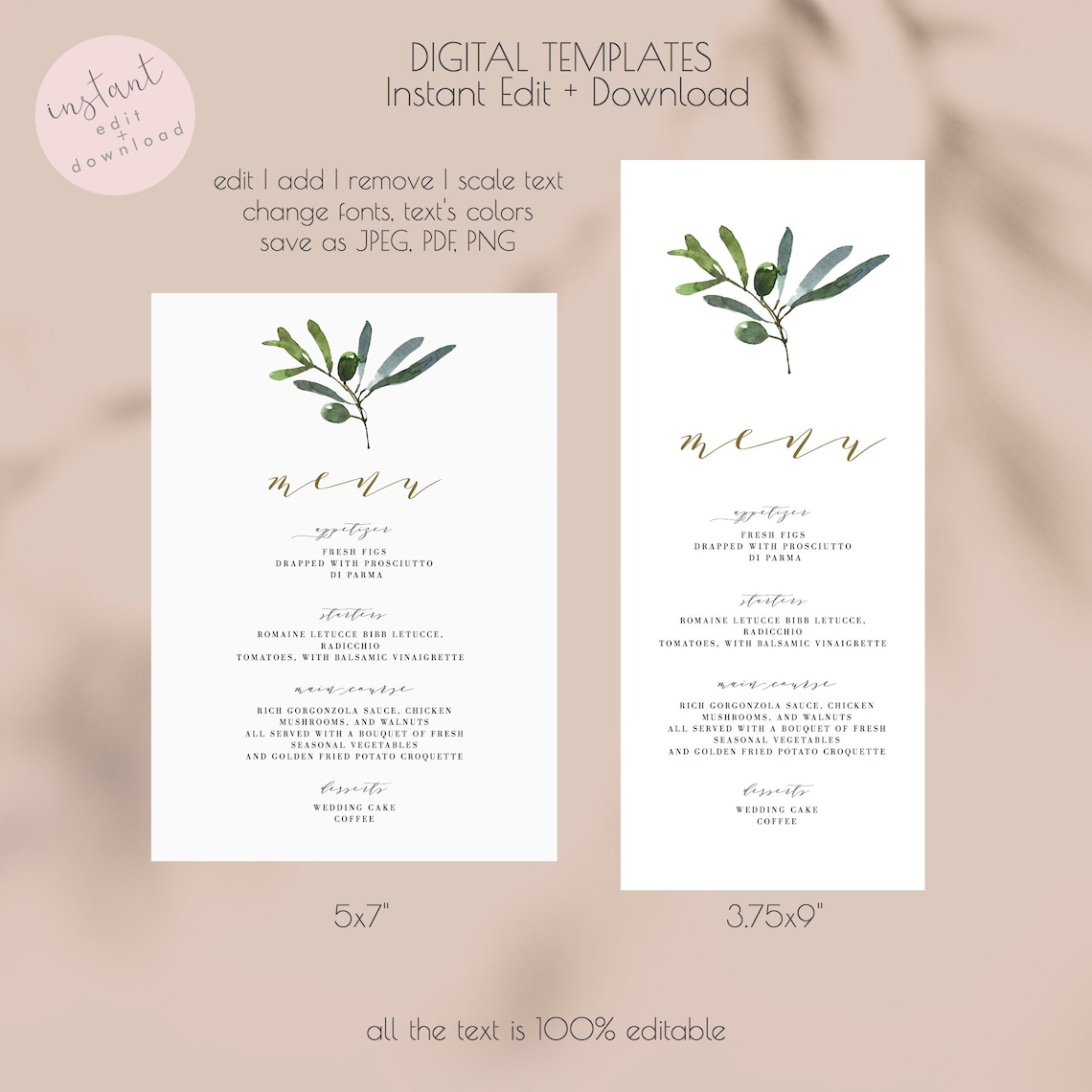 Olive Menu Template, Italy Wedding Menu Printable, Mediterranean ...