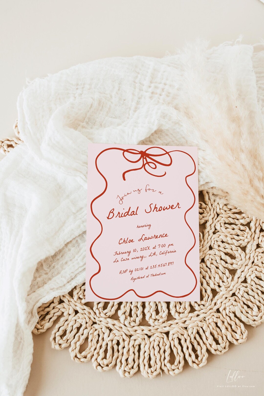 Coquette Bridal Shower Invitation: Red Bow, Pink Wavy Design (editable ...