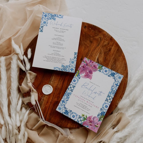 Bougainvillea Blue Tiles Table Number Azulejo Mediterranean | Etsy