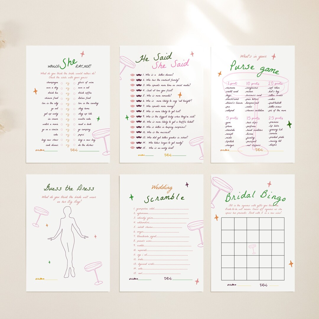 Handwritten Bridal Shower Game Bundle, Wine Scribble Hand Drawn French ...