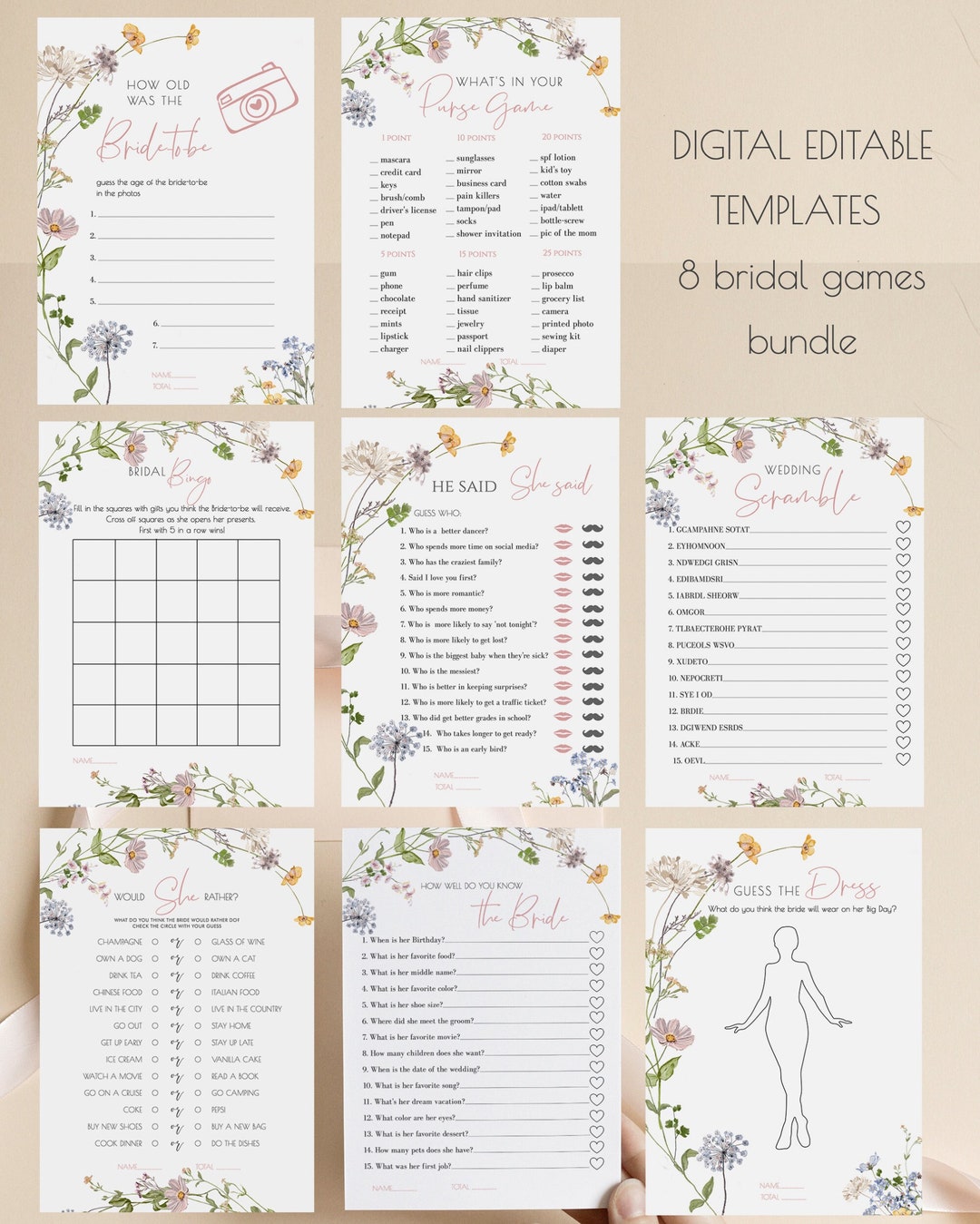 Editable Wildflower Bridal Shower Game Bundle, Boho Midsummer Floral ...