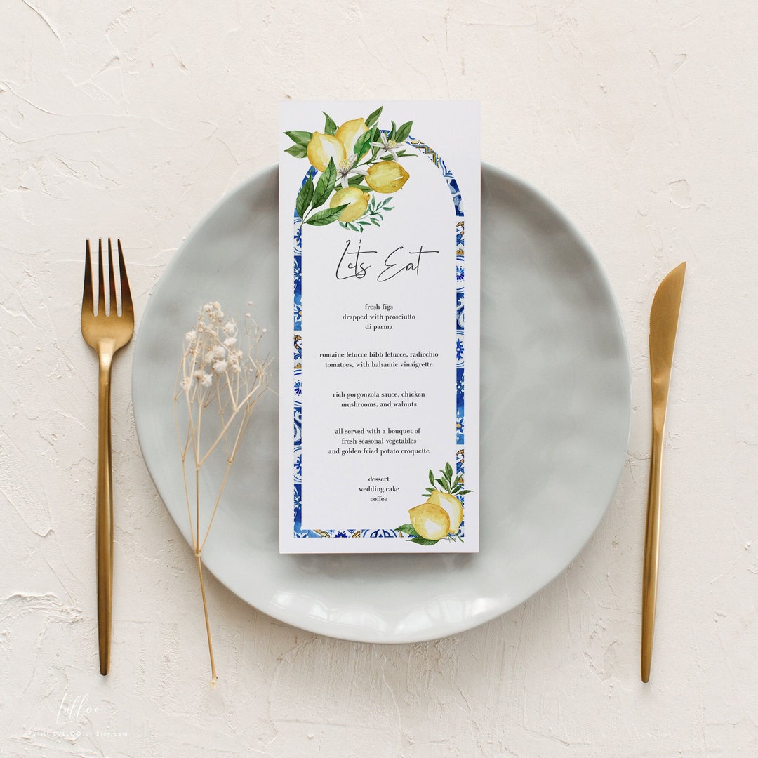 Editable Lemon Blue Tiles Arch Menu Template, Arched Italy Wedding Menu ...