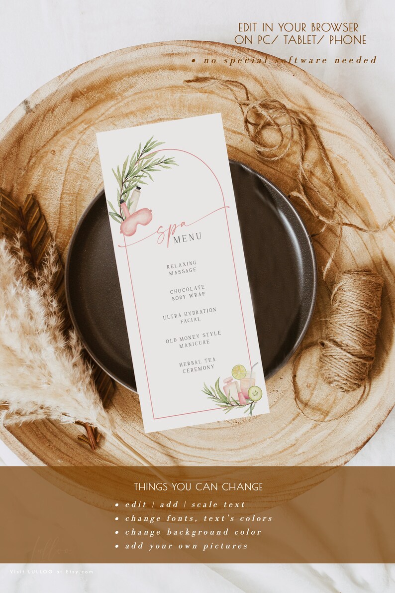 Spa Bridal Shower Menu Template: Bachelorette Party Beauty Theme ...