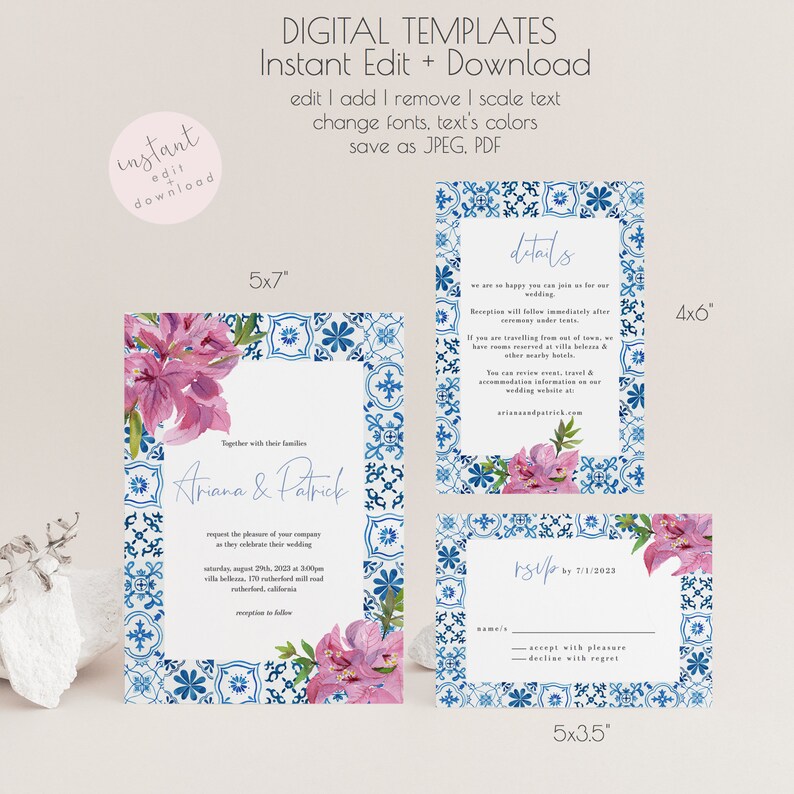Bougainvillea Blue Tiles Wedding Invitation Template - Etsy