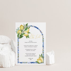 Editable Lemon Blue Tiles Arch Menu Template, Arched Italy Wedding Menu ...