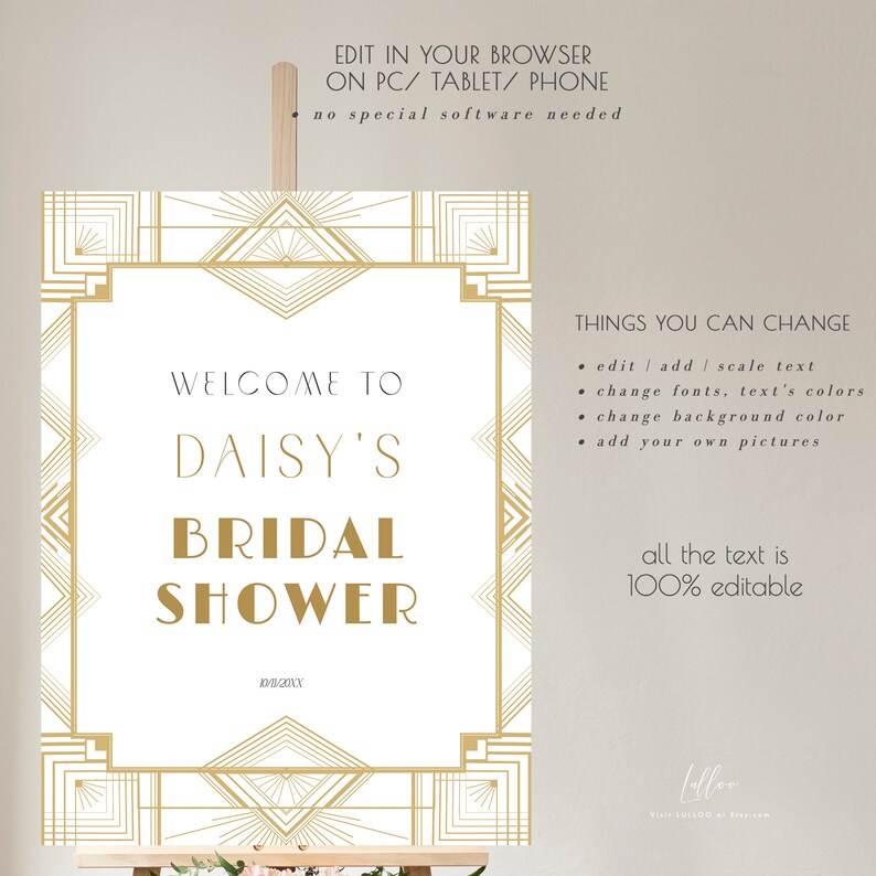 Art Deco Bridal Shower Welcome Sign: Roaring 20s Gatsby Style (instant ...