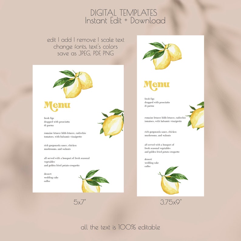 Lemon Menu Template Italy Citrus Wedding Menu Printable Main - Etsy