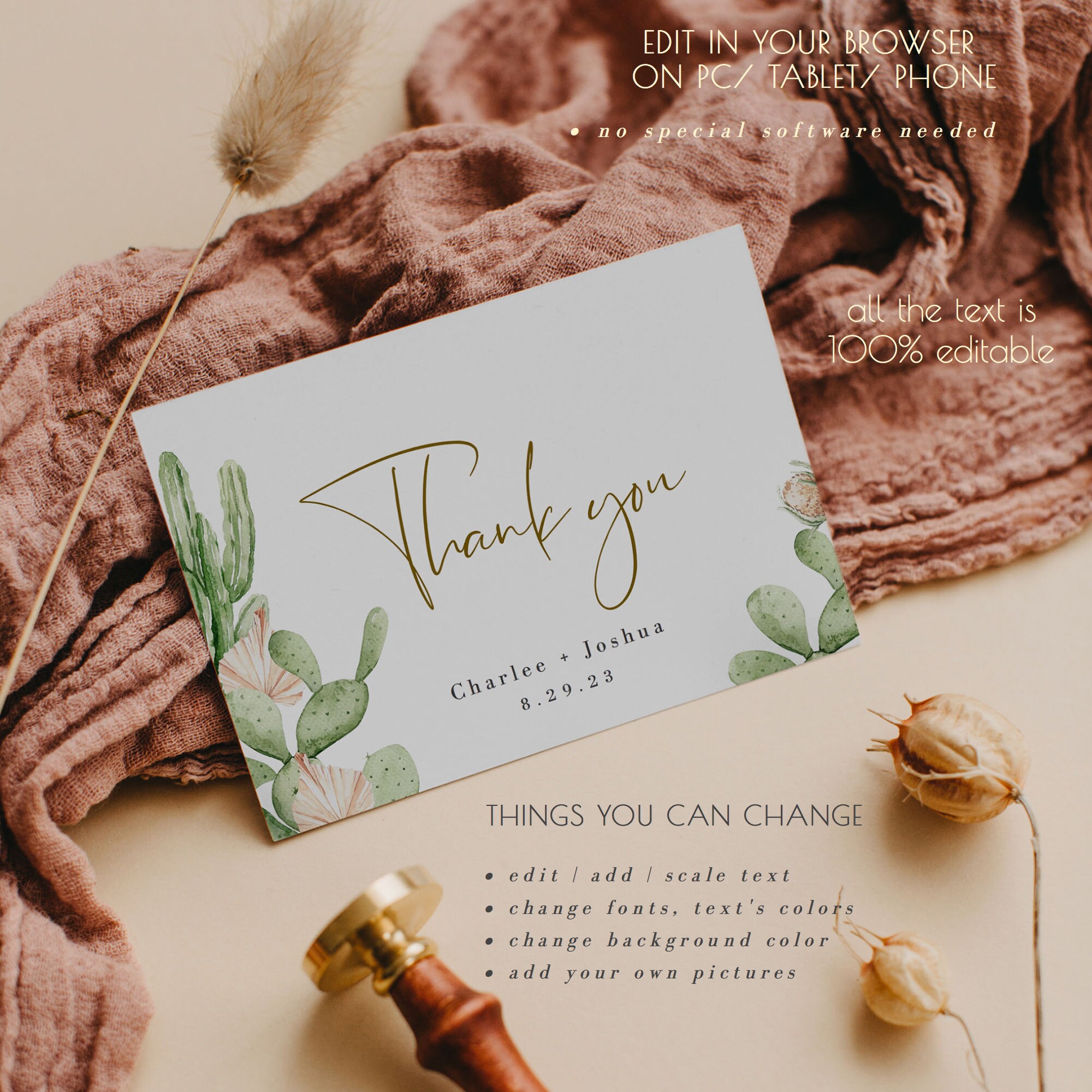 Fiesta Thank You Card Template Cactus Thank you Note Boho | Etsy