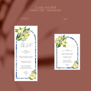 Editable Lemon Blue Tiles Arch Menu Template, Arched Italy Wedding Menu ...