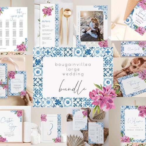 Bougainvillea Blue Tiles Wedding Invitation Template - Etsy
