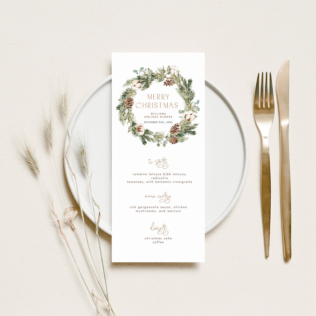Editable Holiday Dinner Menu Template, Christmas Menu Printable, Holly ...
