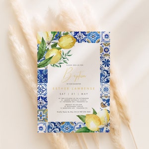 Mediterranean Lemon Baptism Invitation Template, Italian Blue Tiles ...