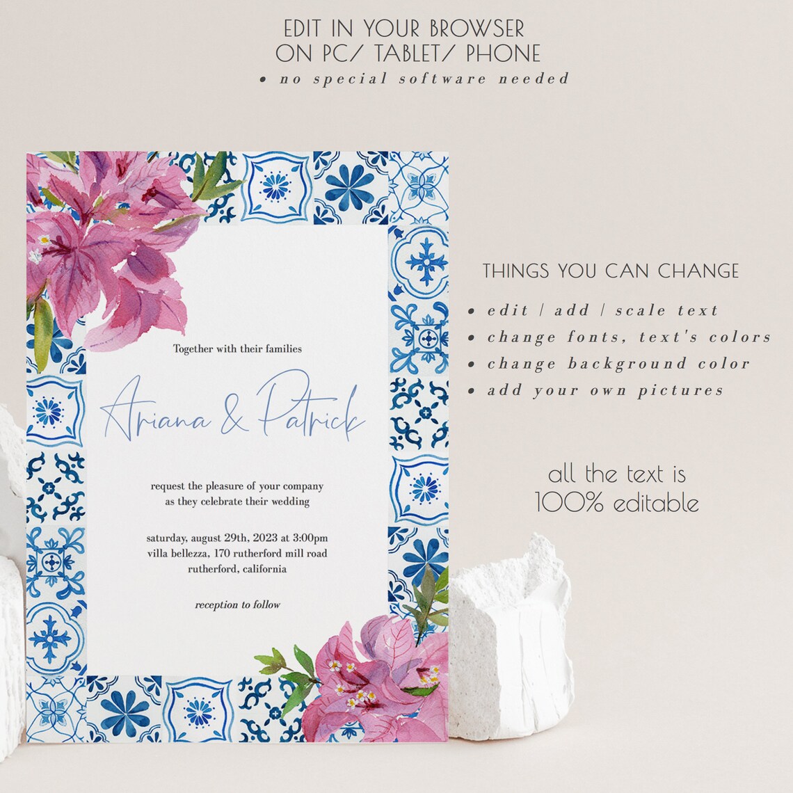 Bougainvillea Blue Tiles Wedding Invitation Template - Etsy