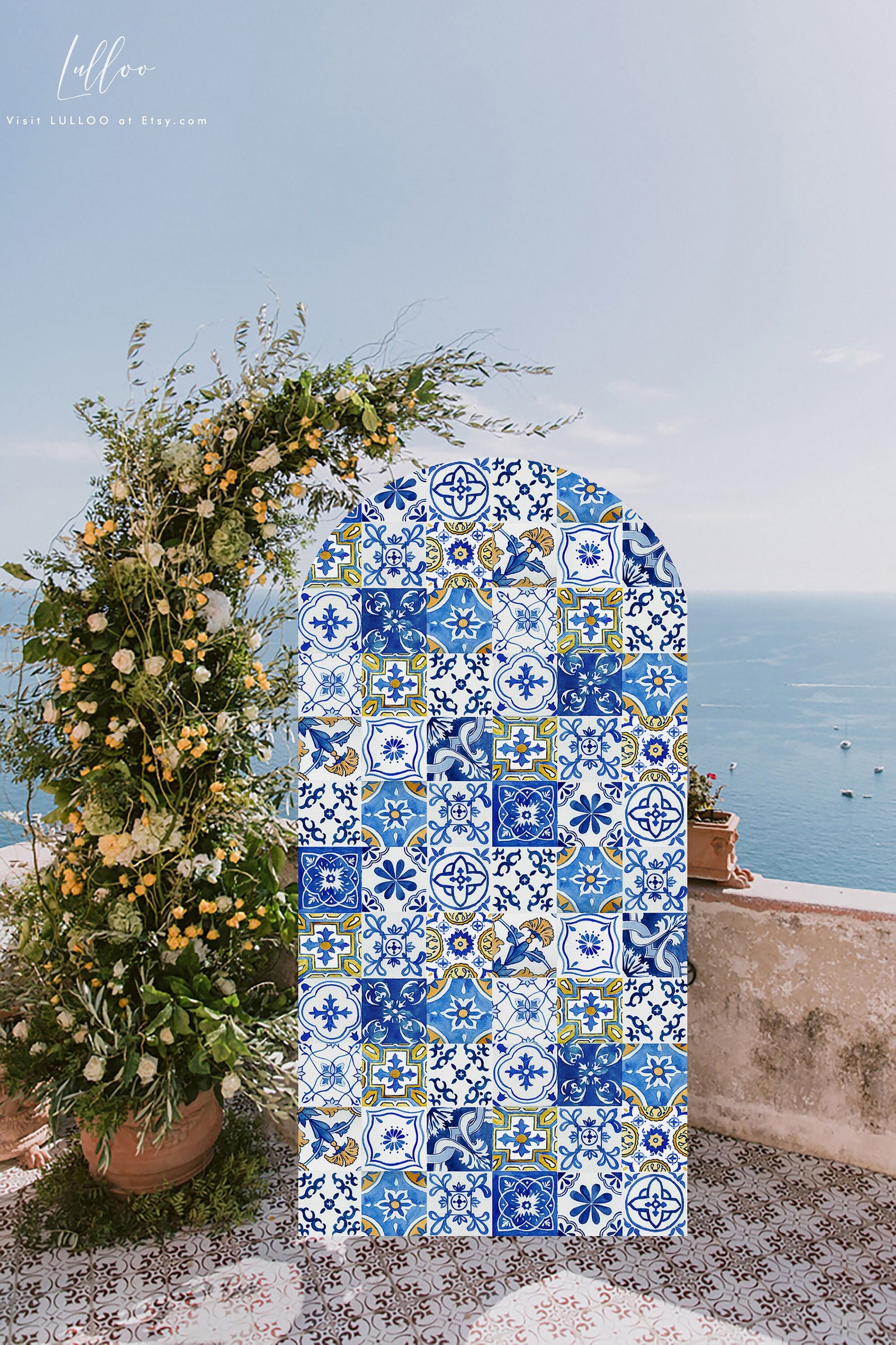 Blue Tiles Photo Backdrop Arched Printable, Italian Bridal Shower Photo ...