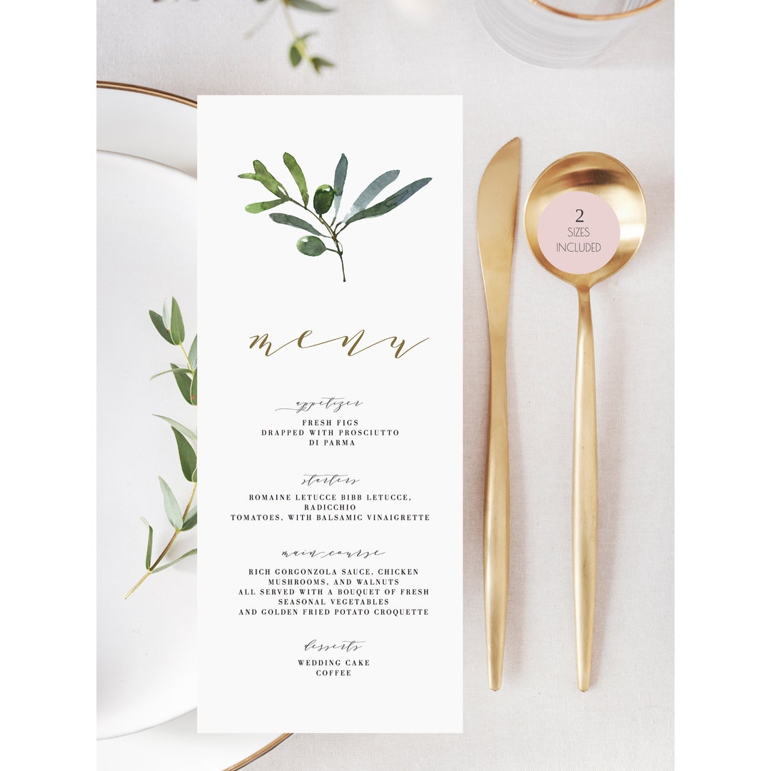 Olive Menu Template, Italy Wedding Menu Printable, Mediterranean ...