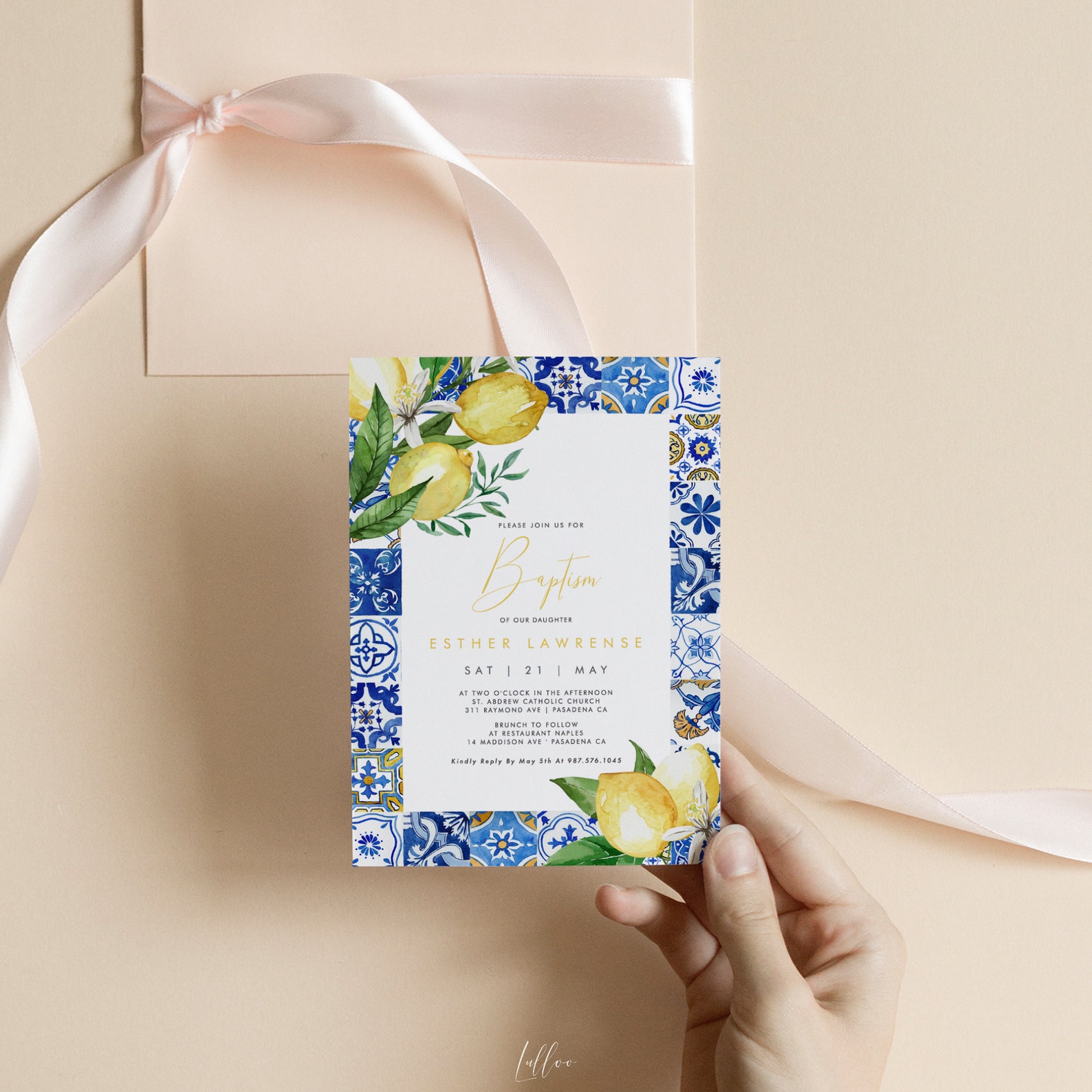 Mediterranean Lemon Baptism Invitation Template Italian Blue - Etsy