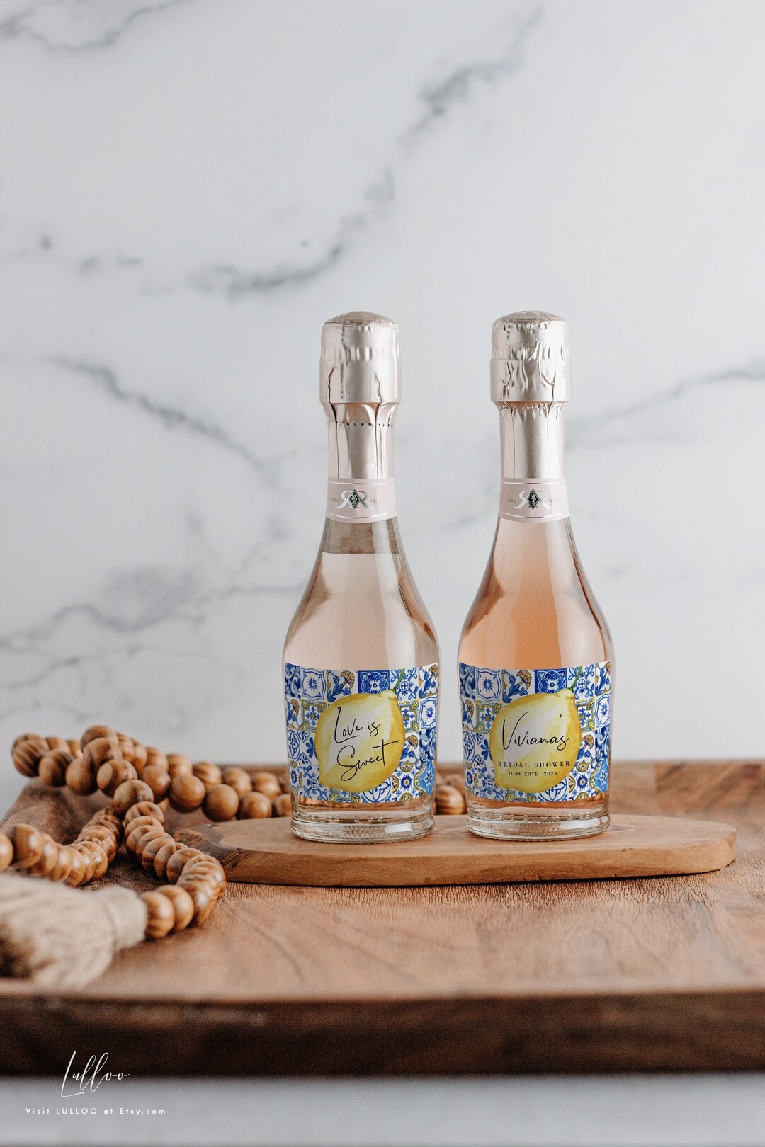 Editable Lemons Mini Champagne Label, Italian Blue Tiles Bridal Shower ...