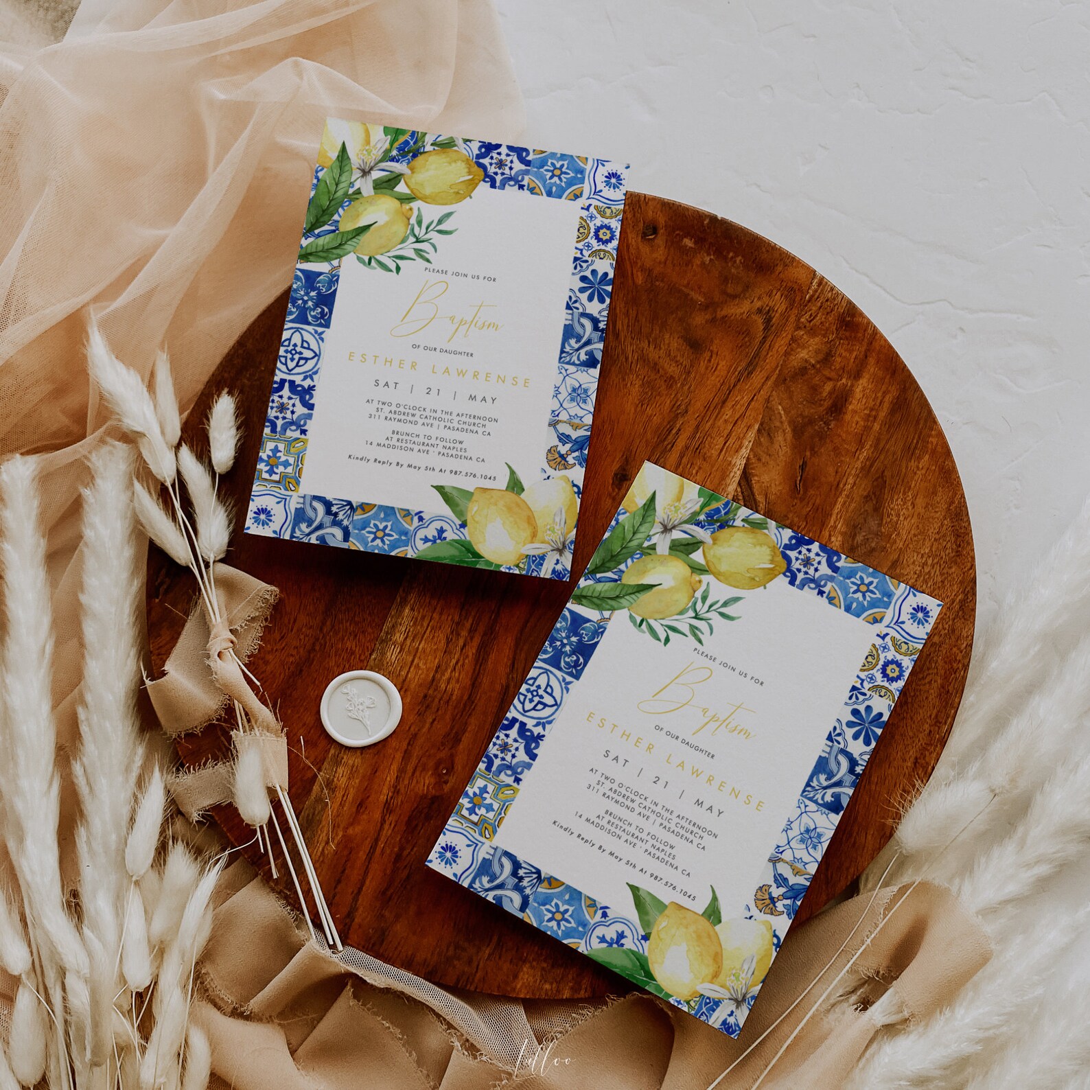 Mediterranean Lemon Baptism Invitation Template Italian Blue - Etsy