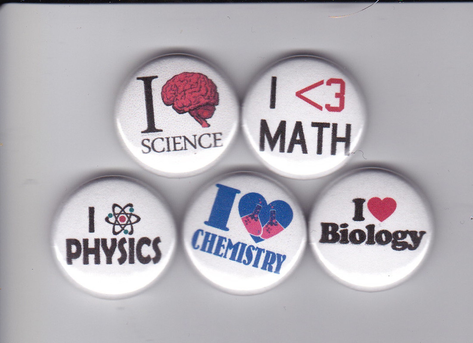 5 I LOVE SCIENCE badges maths physics chemistry biology nerd | Etsy