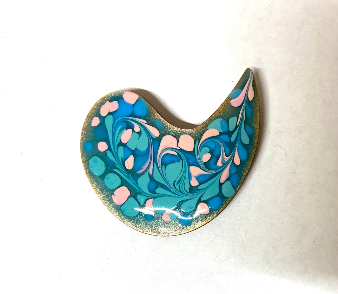Enamel on Copper Pin, Large FREEFORM Hook Pin, Pink and Mint Green ...