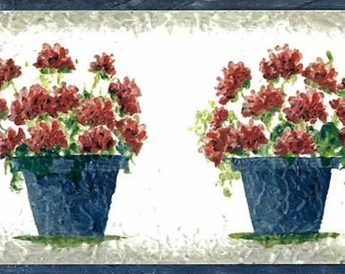 Red Geraniums Vintage Wallpaper Border Floral Blue Gray White Faux ...