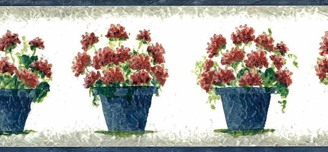 Red Geraniums Vintage Wallpaper Border Floral Blue Gray White - Etsy