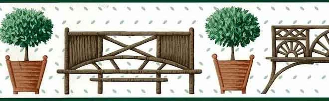WAVERLY Bench and Topiary Wallpaper Border VINTAGE 569760 Bark, White ...