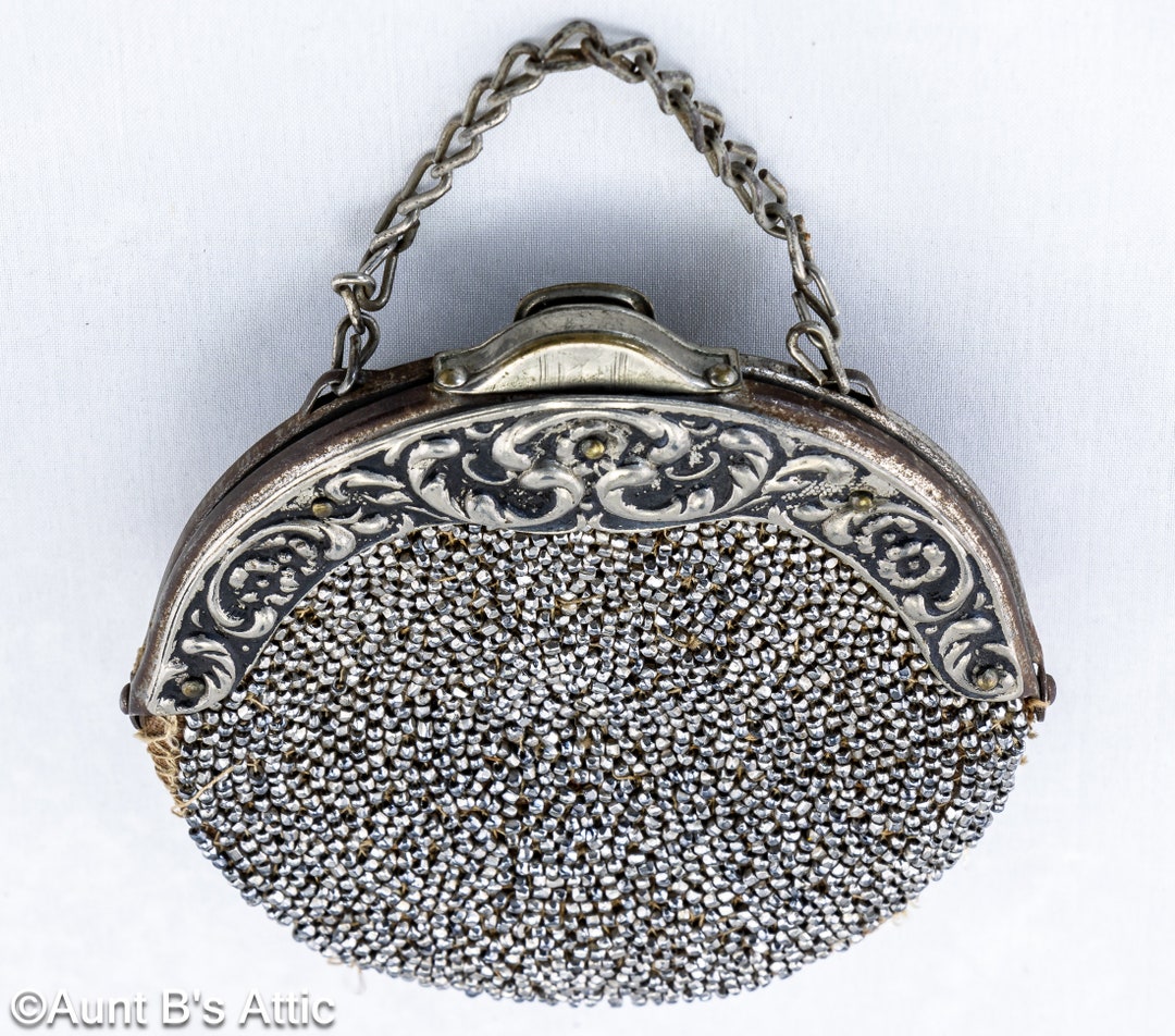 Antique Chatelaine Round Suede & Steel Cut Beaded Edwardian Era Coin ...